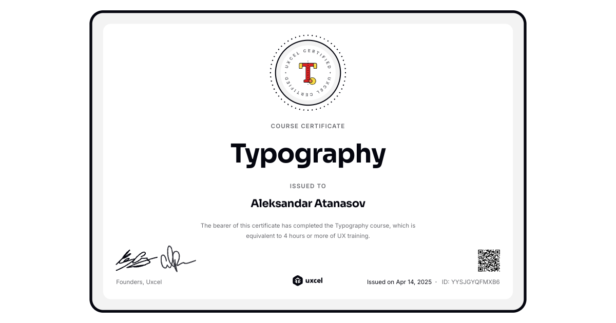 Certificate of completion for Typography | Uxcel